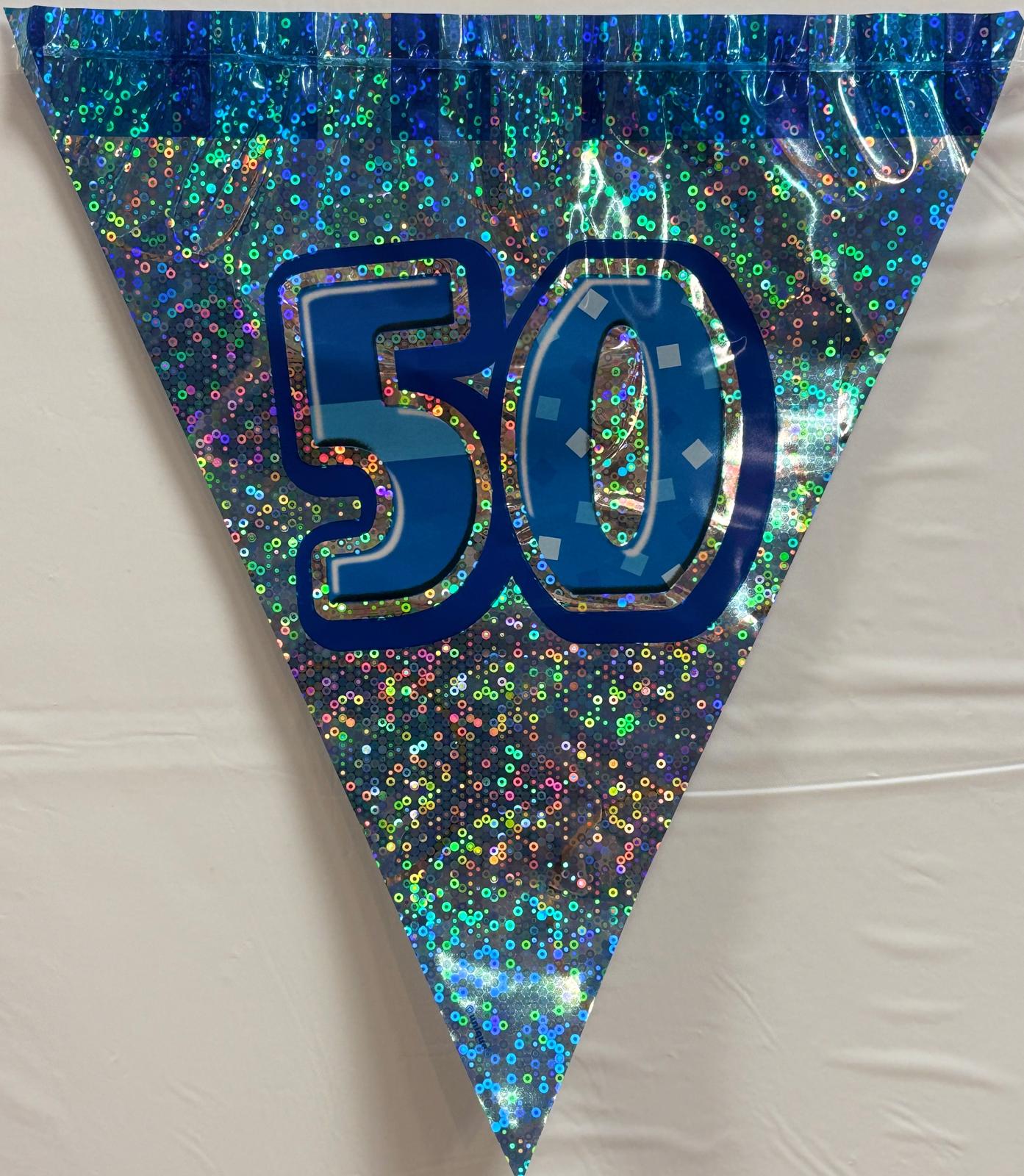 9ft Glitz Blue & Silver 50th Birthday Bunting Banner – Party Buz
