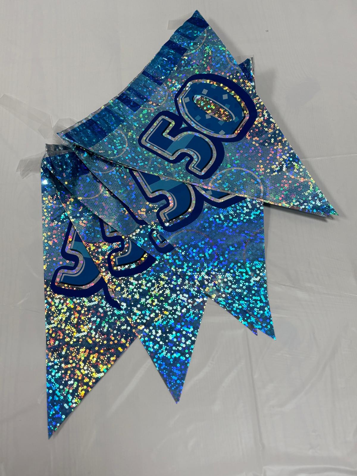 9ft Glitz Blue & Silver 50th Birthday Bunting Banner – Party Buz