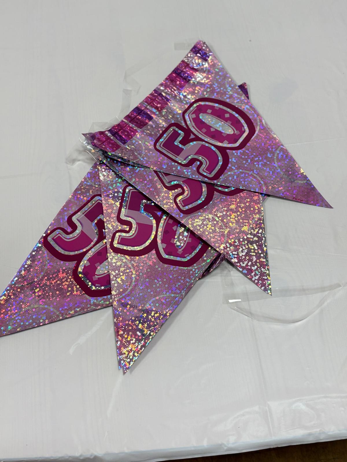 9ft Glitz Pink & Silver 50th Birthday Bunting Banner - Party Buz